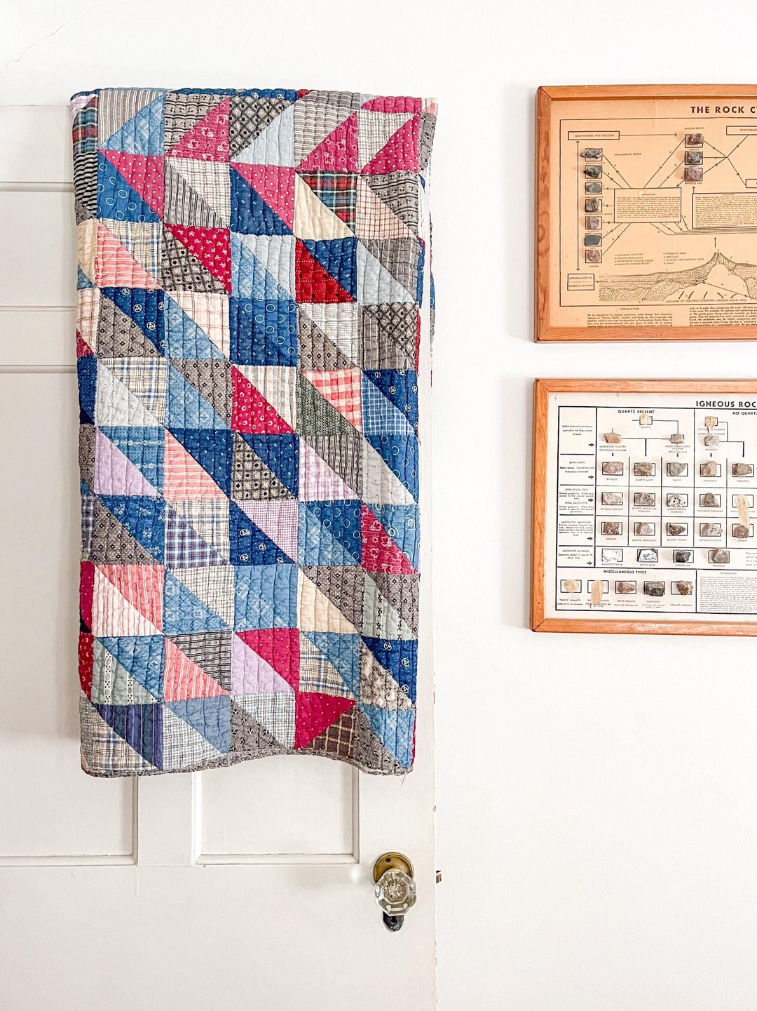 Antique Triangles Quilt, 1800s Fabrics, Tied Quilt, Slashed Diagonal ...