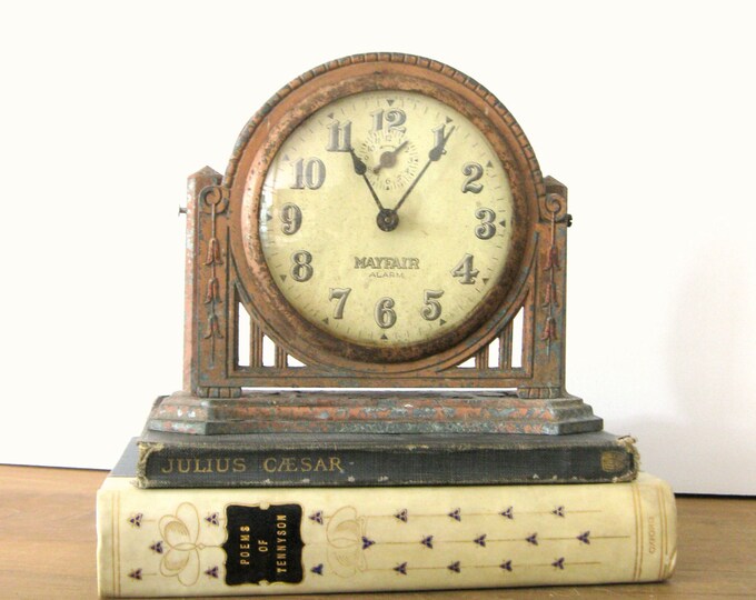 Antique Alarm Clock, Cast Iron Clock With Ornate Design, Chippy Paint ...