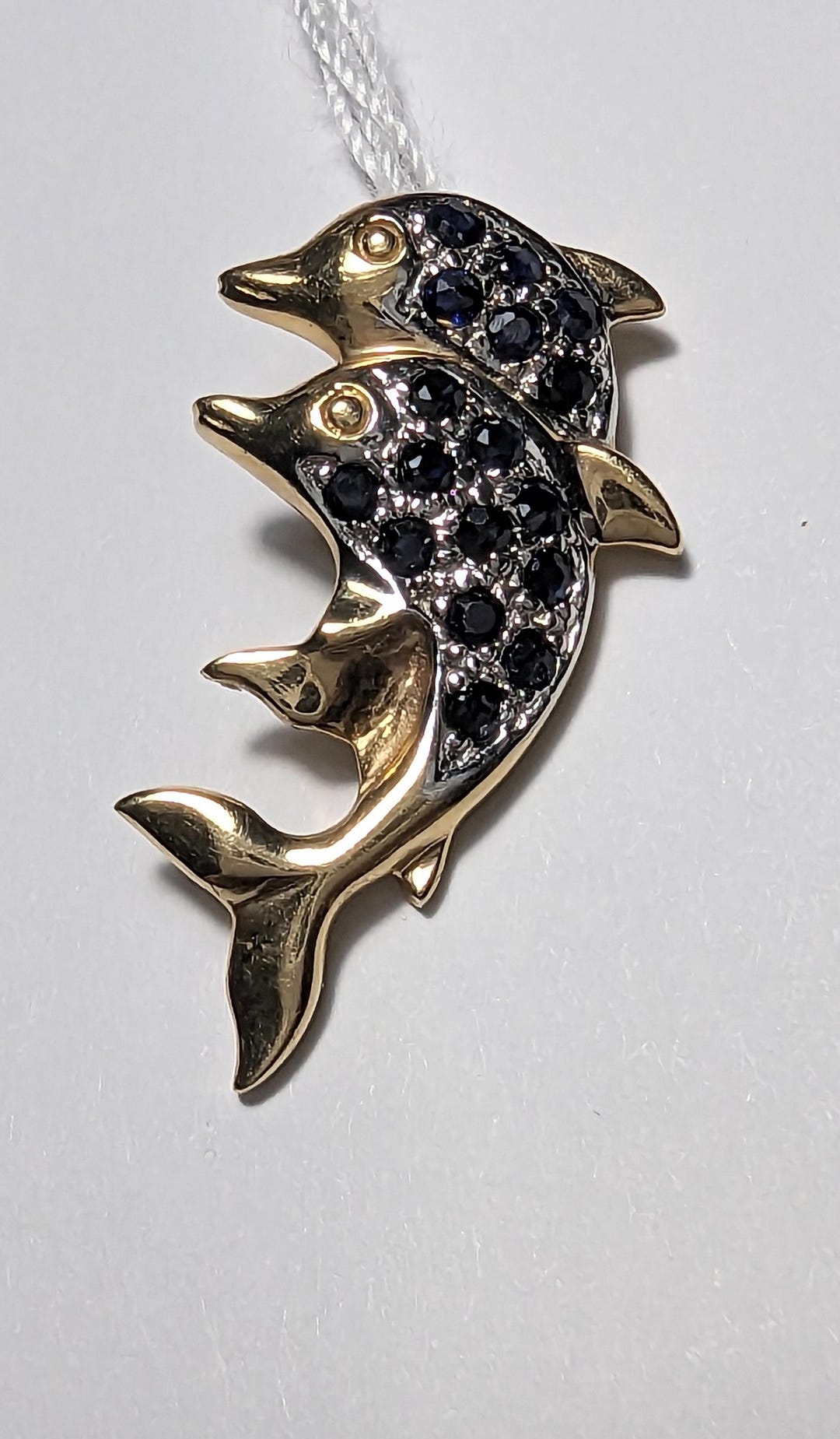 14 Karat Solid Gold, Sapphire Vintage Estate Piece Double Dolphin ...