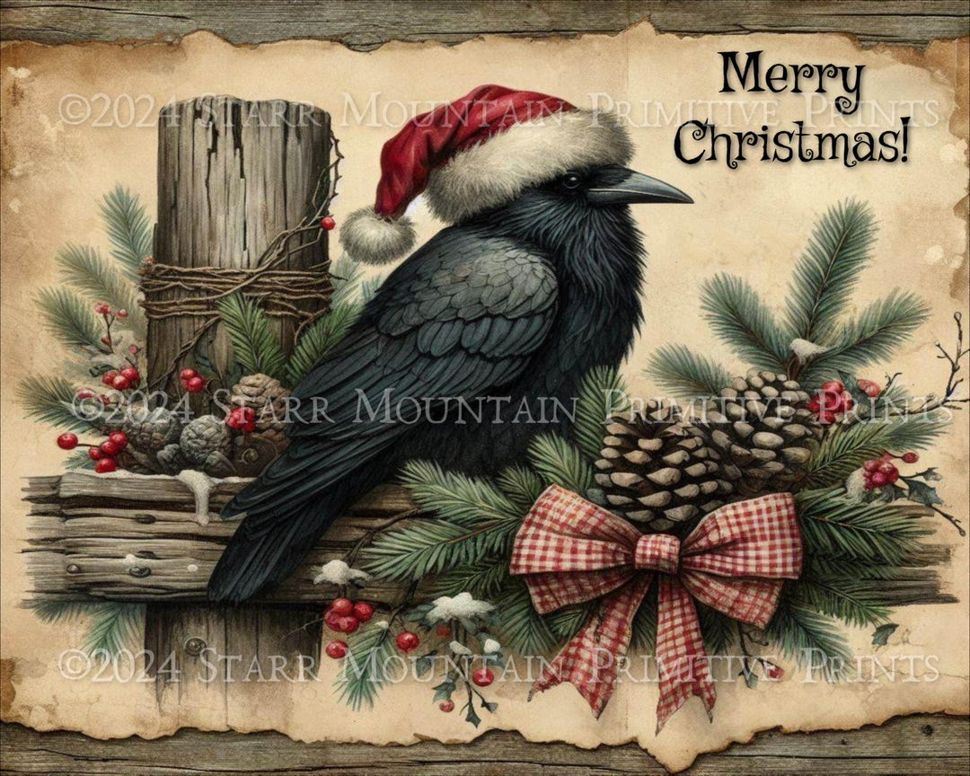 Primitive Farmhouse Rustic Fence Merry Christmas Crow in Santa Hat ...