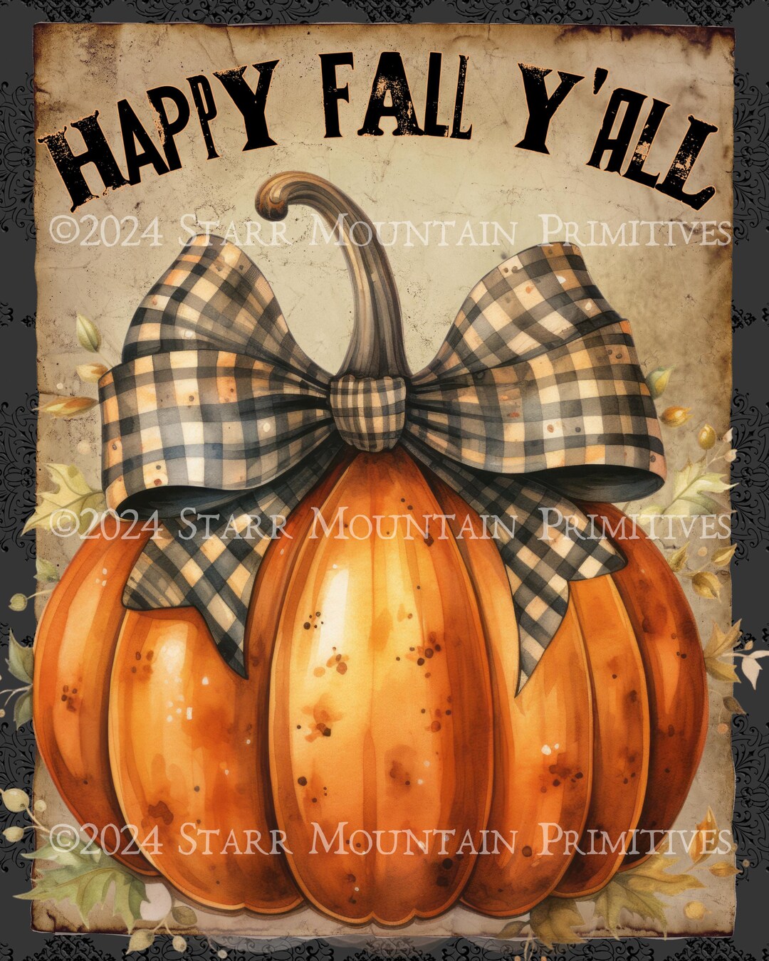 Primitive Farmhouse Grungy Pumpkin Gingham Bow Autumn Happy Fall ...