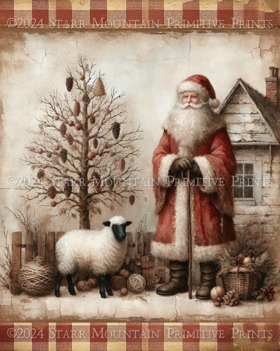 Primitive Farmhouse Grungy Old World Santa Claus Christmas Tree Sheep ...