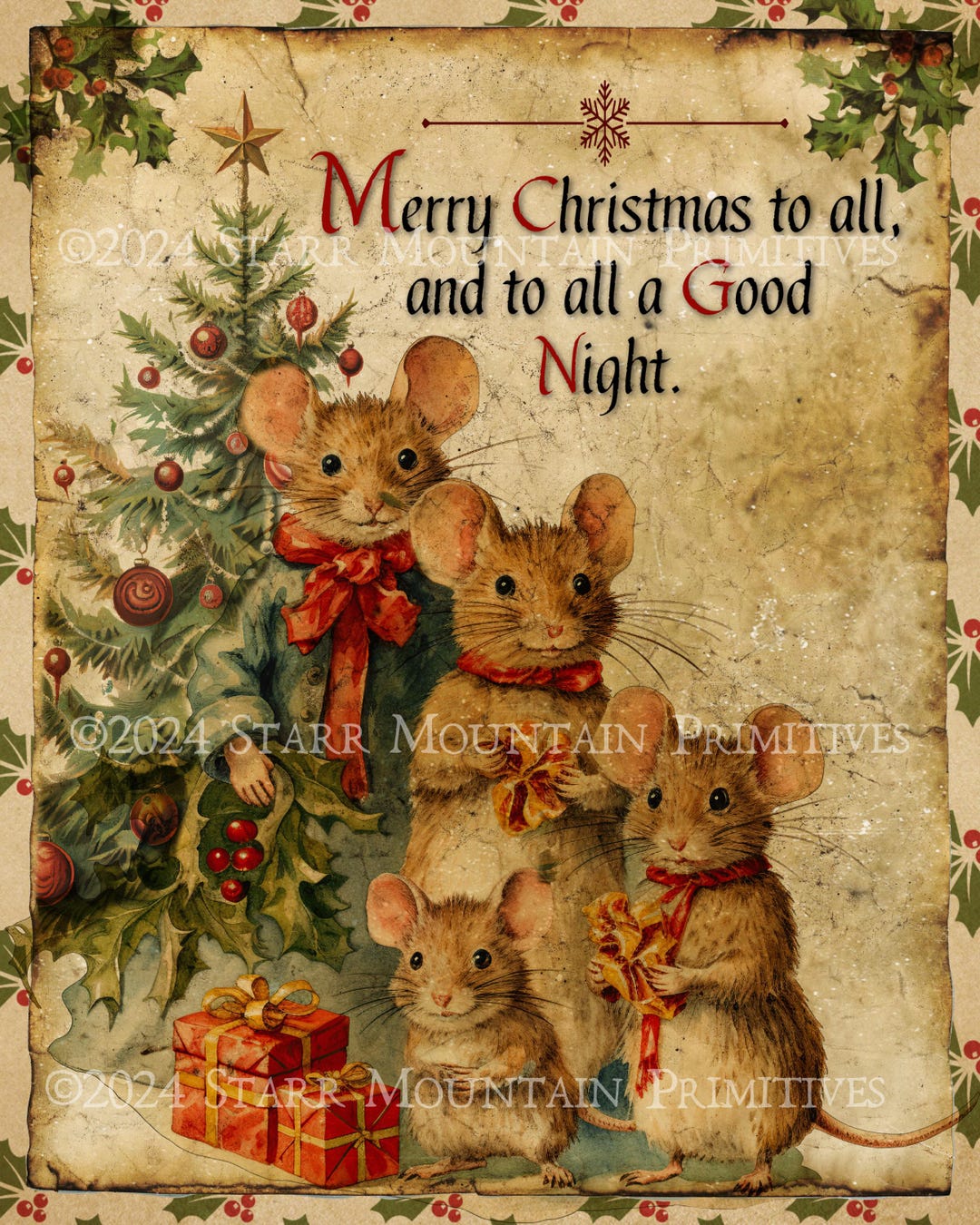 Primitive Vintage Mouse Merry Christmas to All Tree Mice Printable Jpeg ...