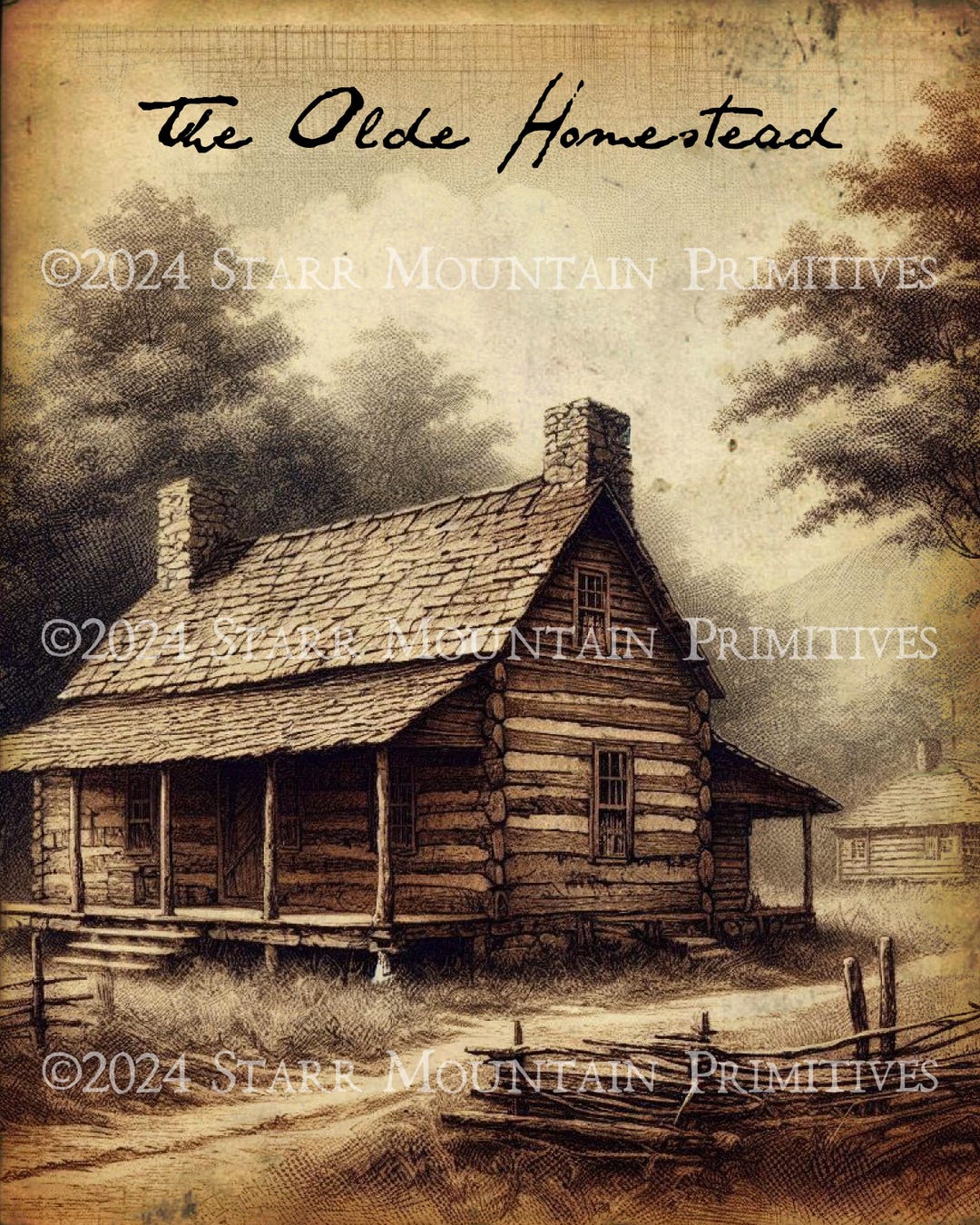 Primitive Historic Antique Log Cabin Sepia Print the Olde Homestead ...