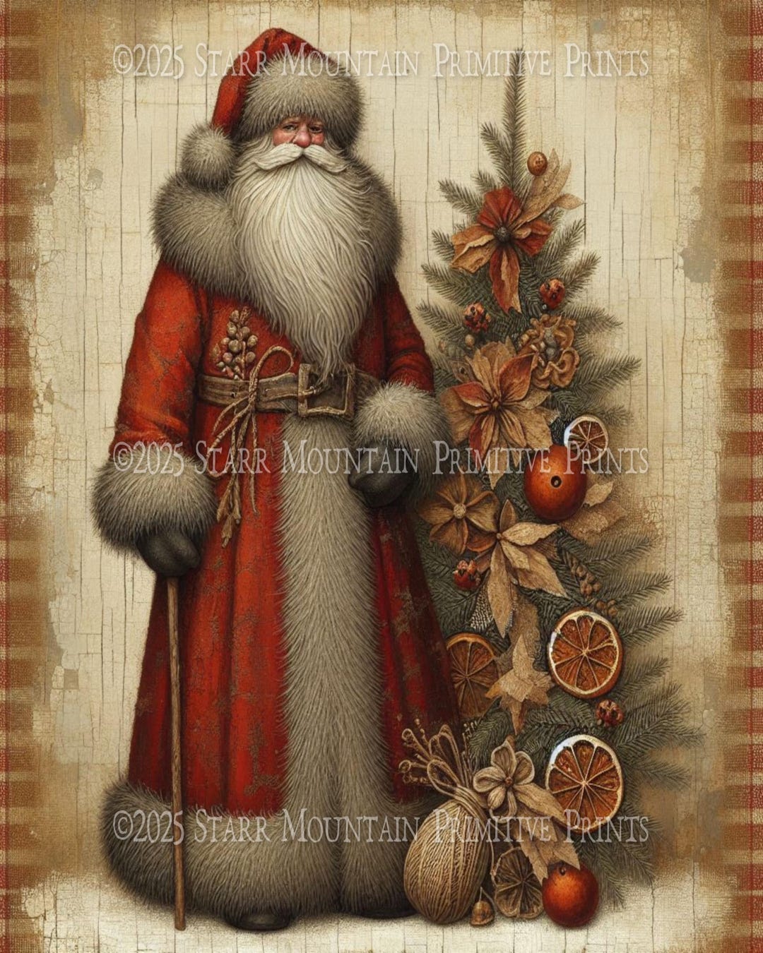 Primitive Woodland Santa Claus Gingham Christmas Tree Dried Orange ...