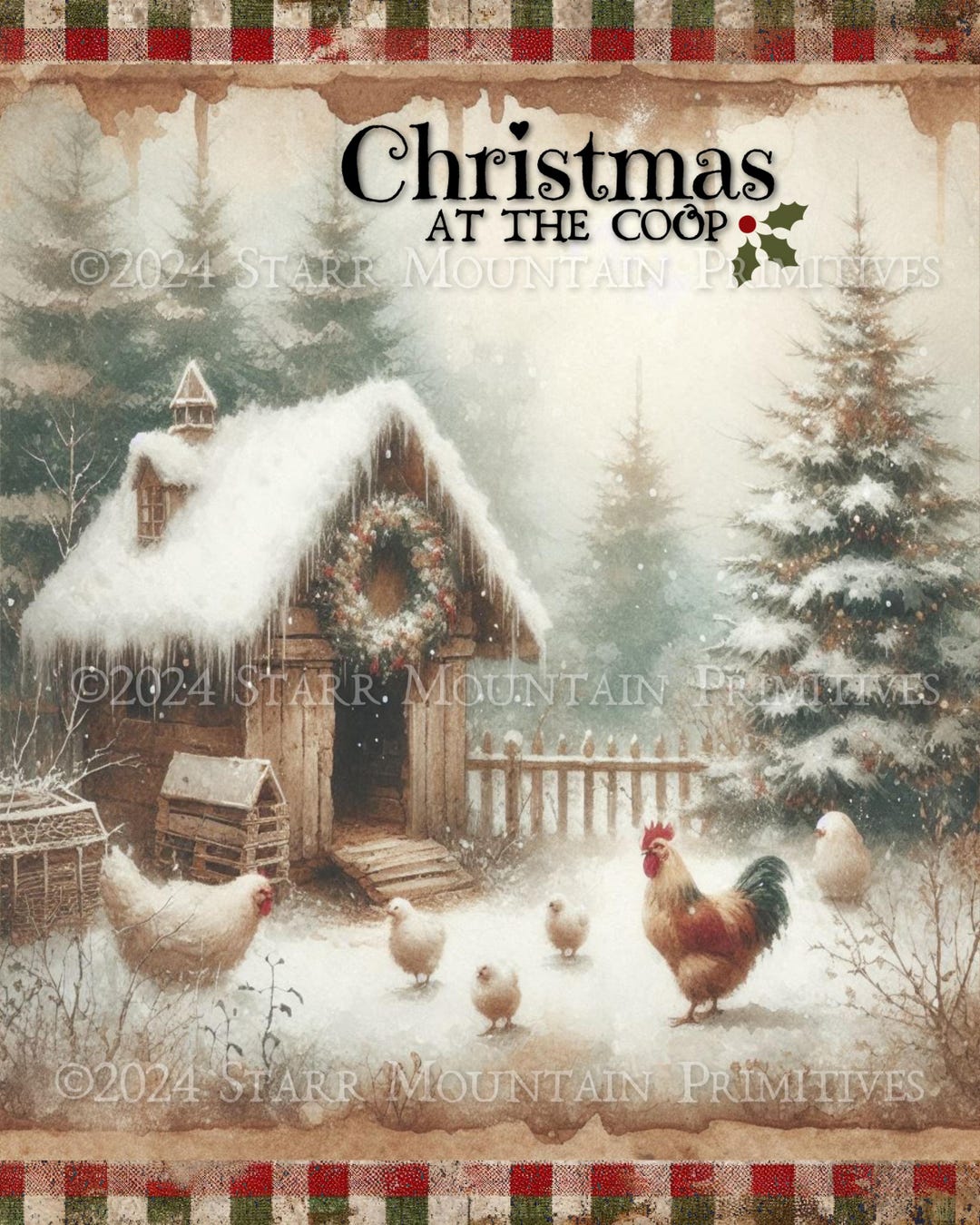 Primitive Gingham Country Christmas Chicken at Coop Farm Printable Jpeg ...