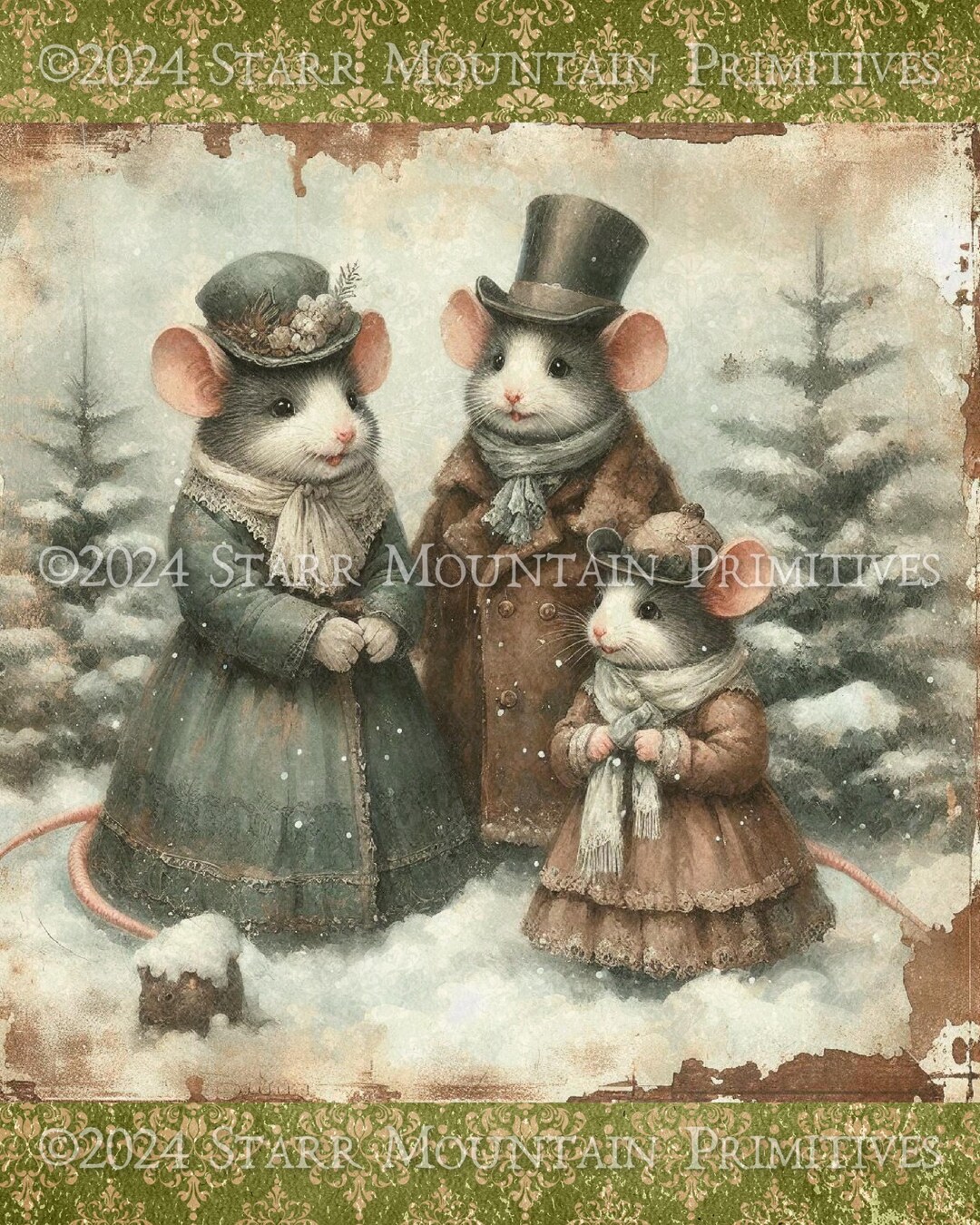 Primitive Victorian Christmas Winter Mice Mouse Printable Jpeg Digital ...