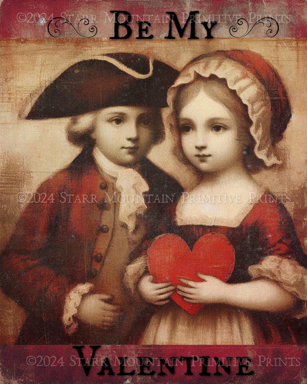 Primitive Folk Art Colonial Couple Valentine's Day Heart 8x10 Digital ...
