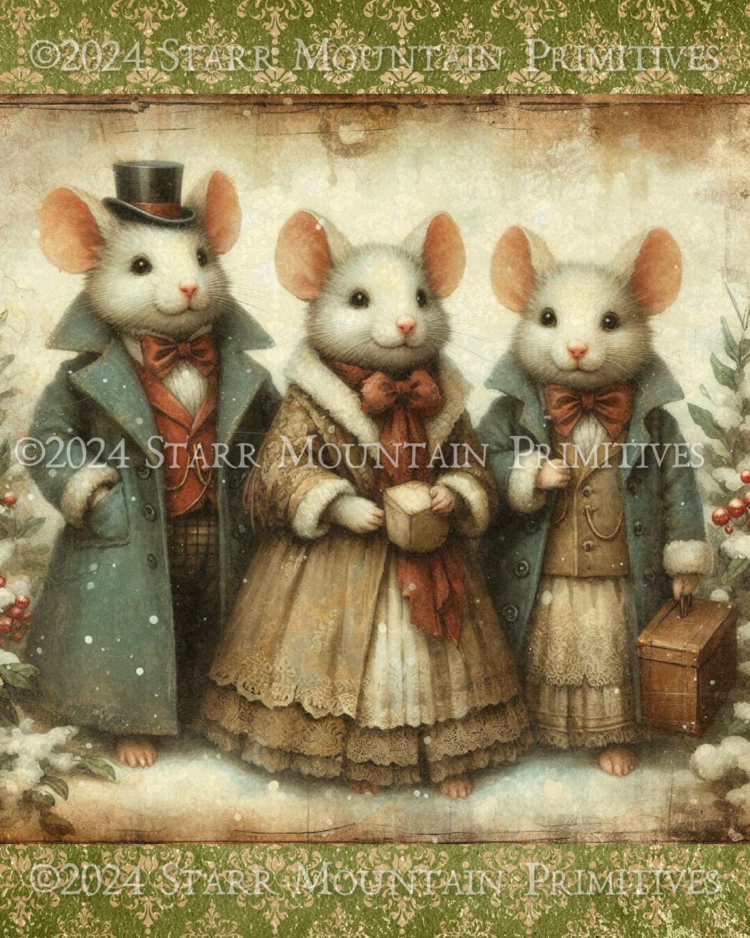 Primitive Victorian Christmas Winter Mice Mouse Printable Jpeg Digital ...
