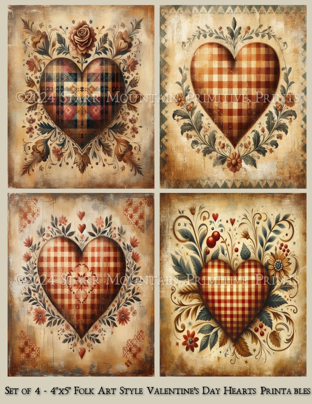Primitive Folk Art Style Valentine's Day Hearts Set 4, 4x5 Digital ...