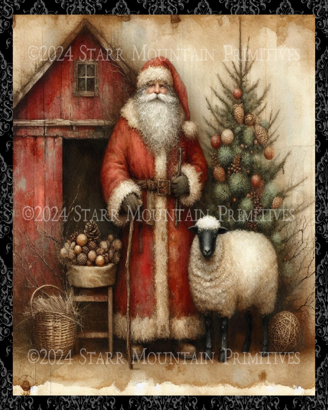 Primitive Farmhouse Christmas Old World Woodland Santa Claus Red Barn ...