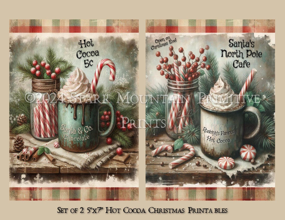 Primitive Farmhouse Hot Cocoa Chocolate Christmas Berries Peppermint ...
