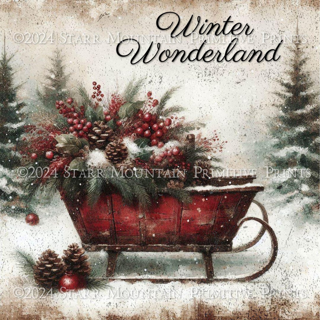 NEW SIZE 12x12 Primitive Farmhouse Winter Christmas Sleigh Greenery ...