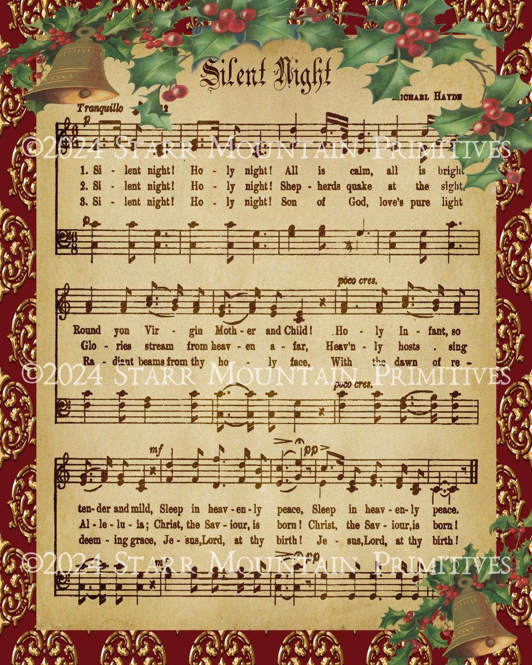 Primitive Vintage Christmas Silent Night Sheet Music Holly Bell ...