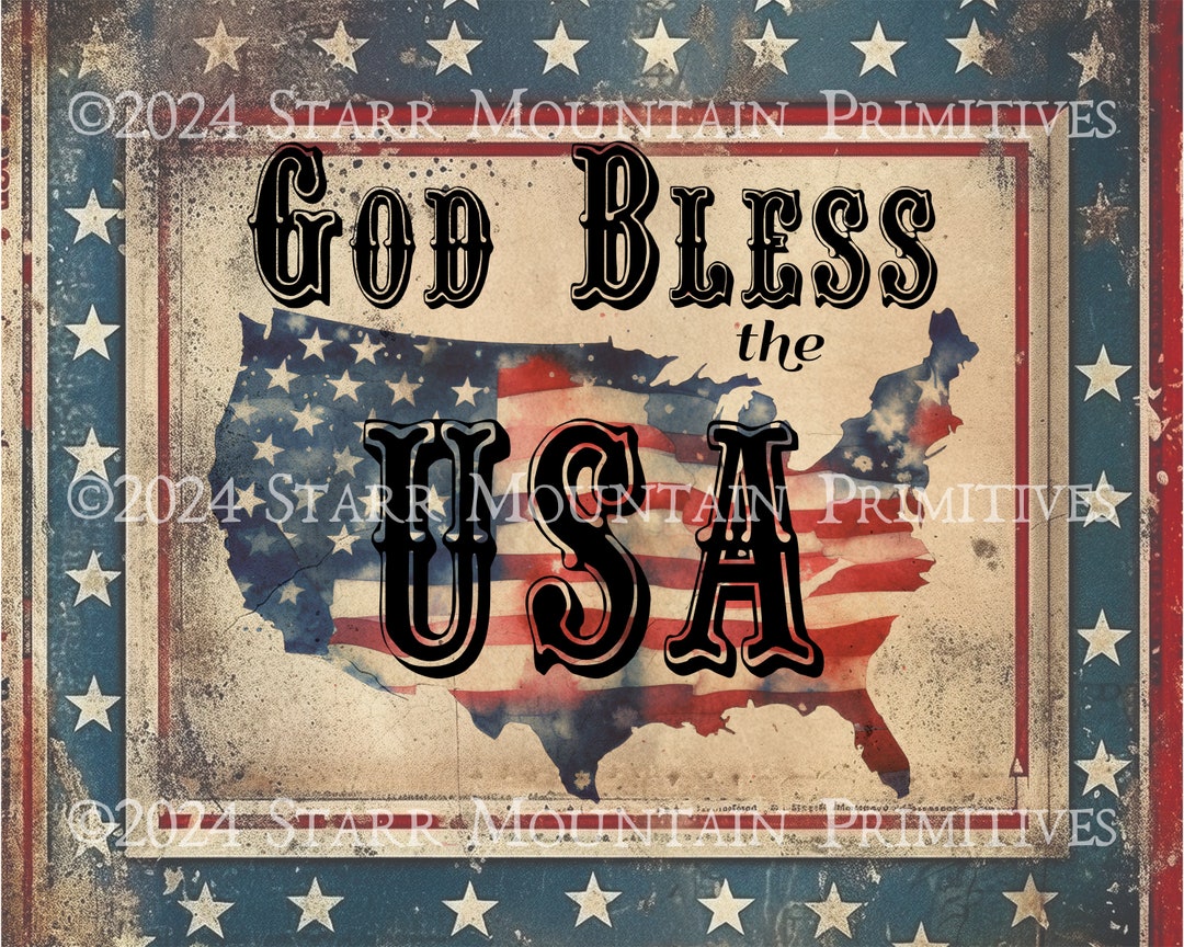 Primitive Colonial Patriotic God Bless USA United States Map July 4th ...