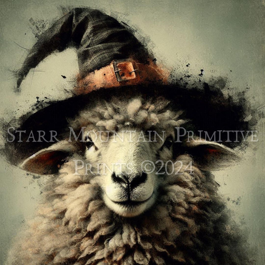 Primitive Farmhouse Halloween Sheep in a Witch Hat Printable Oil ...