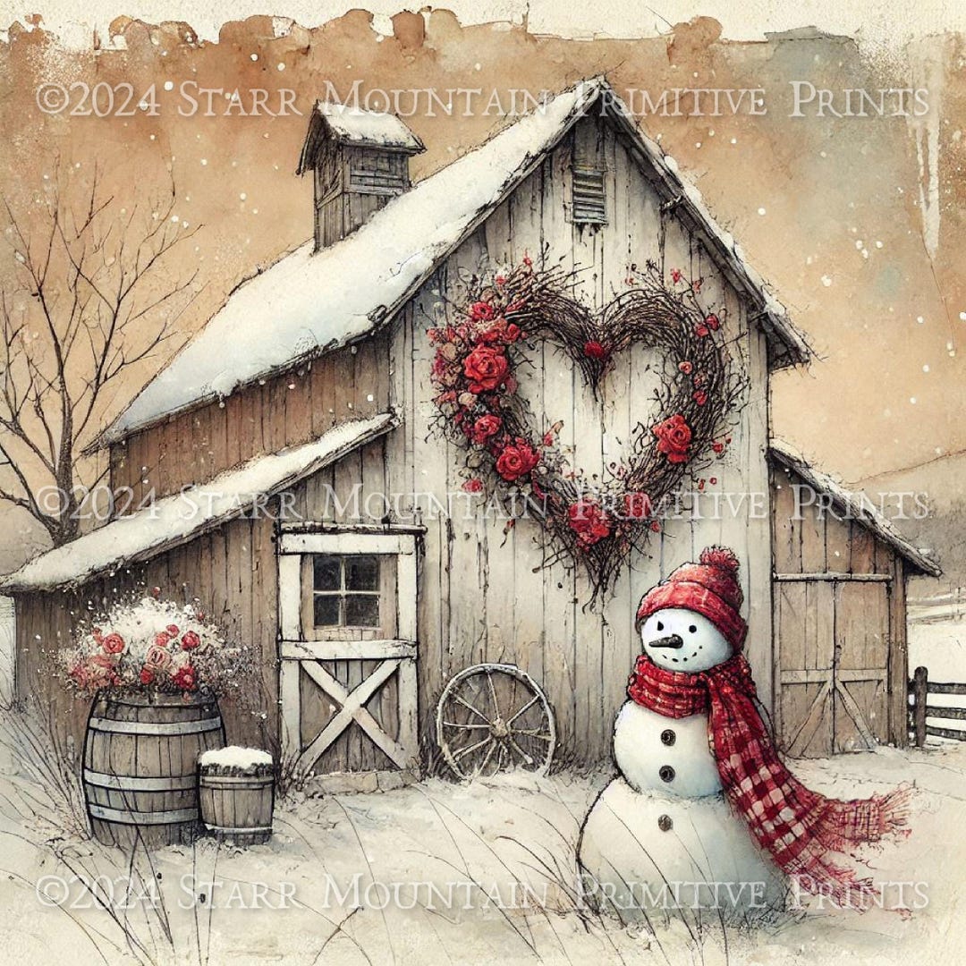 Primitive Valentines Day Snowman Snow Barn Scene Rose Grapevine Wreath ...