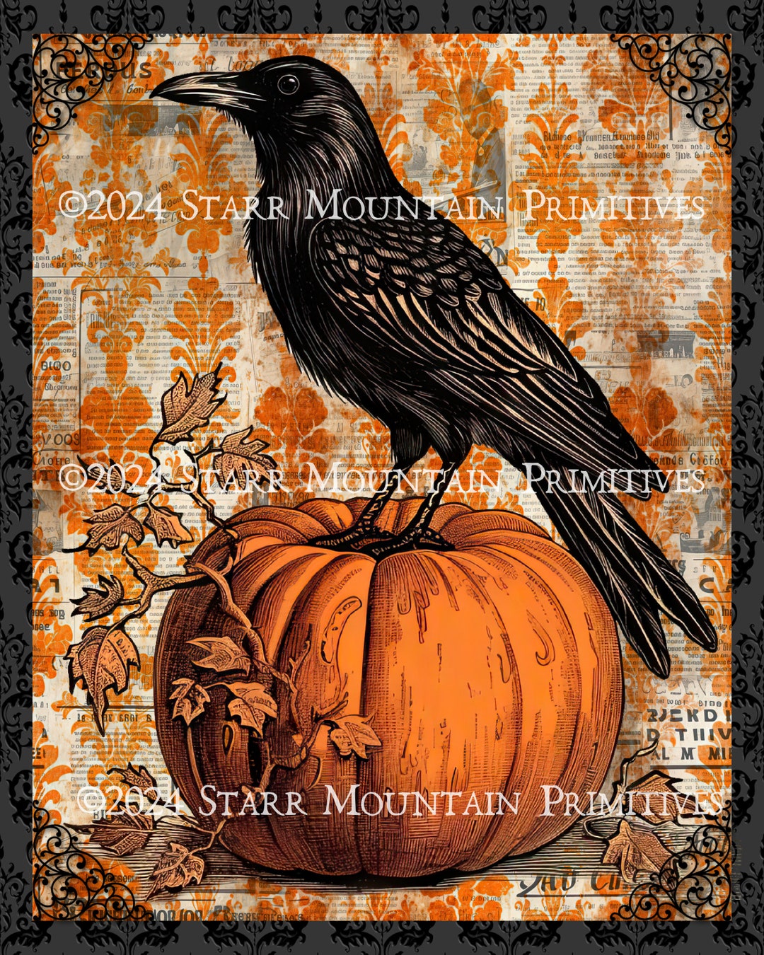 Primitive Farmhouse Vintage Damask Raven Crow Pumpkin Fall Autumn ...