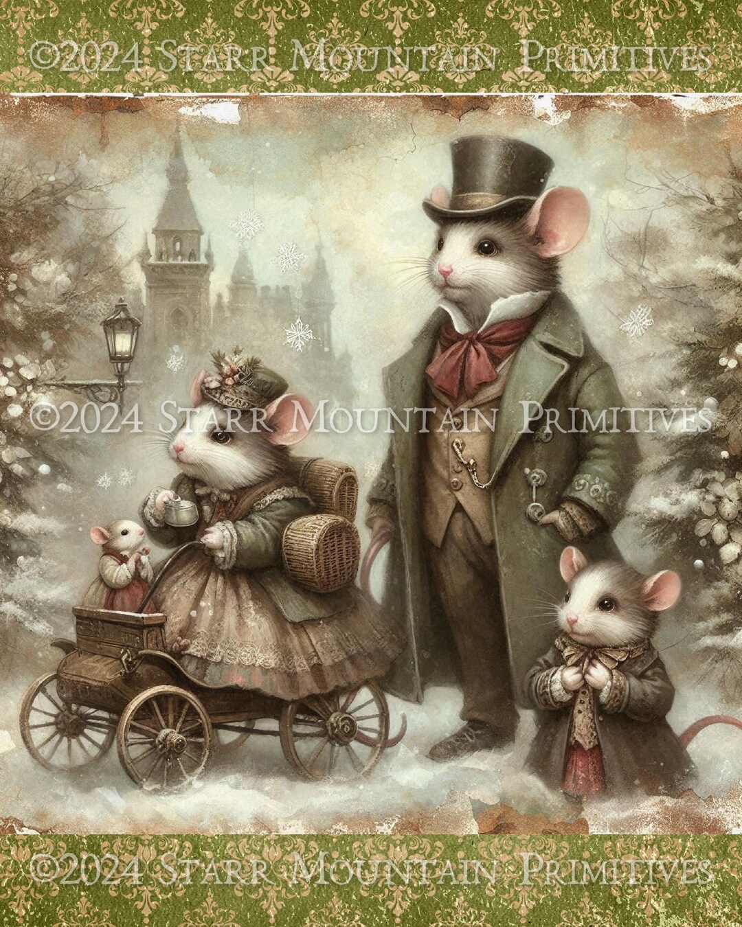 Primitive Victorian Christmas Winter Mice Mouse Printable Jpeg Digital ...