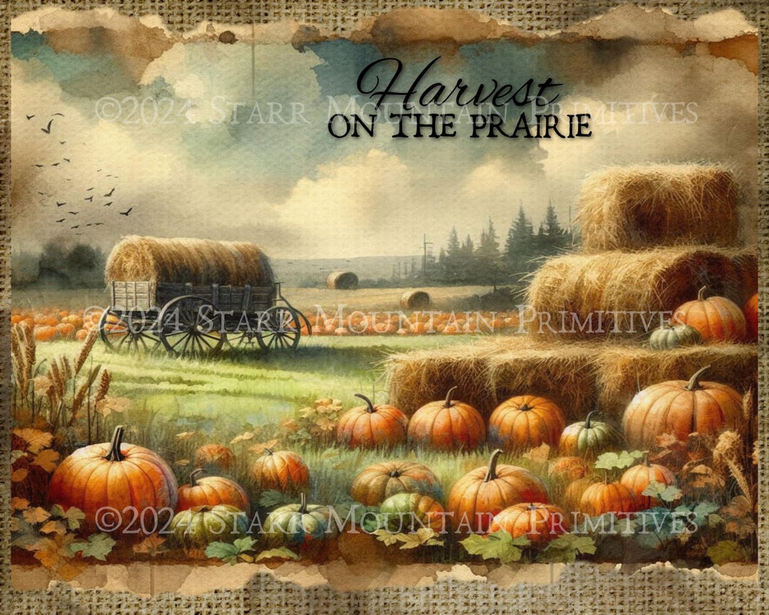 Primitive Autumn Fall Harvest on Prairie Hay Bale Wagon Pumpkins Gourd ...