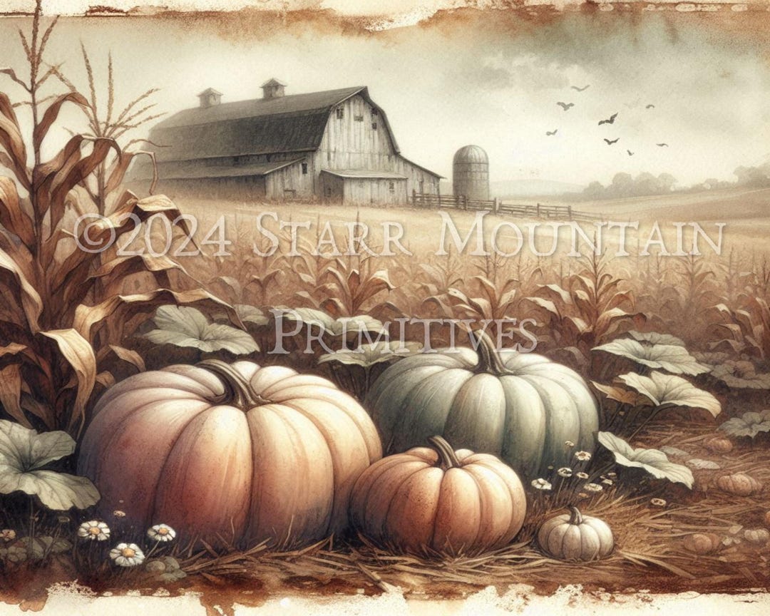 Primitive Farmhouse Printable Fall Autumn Rustic Barn Pumpkins ...