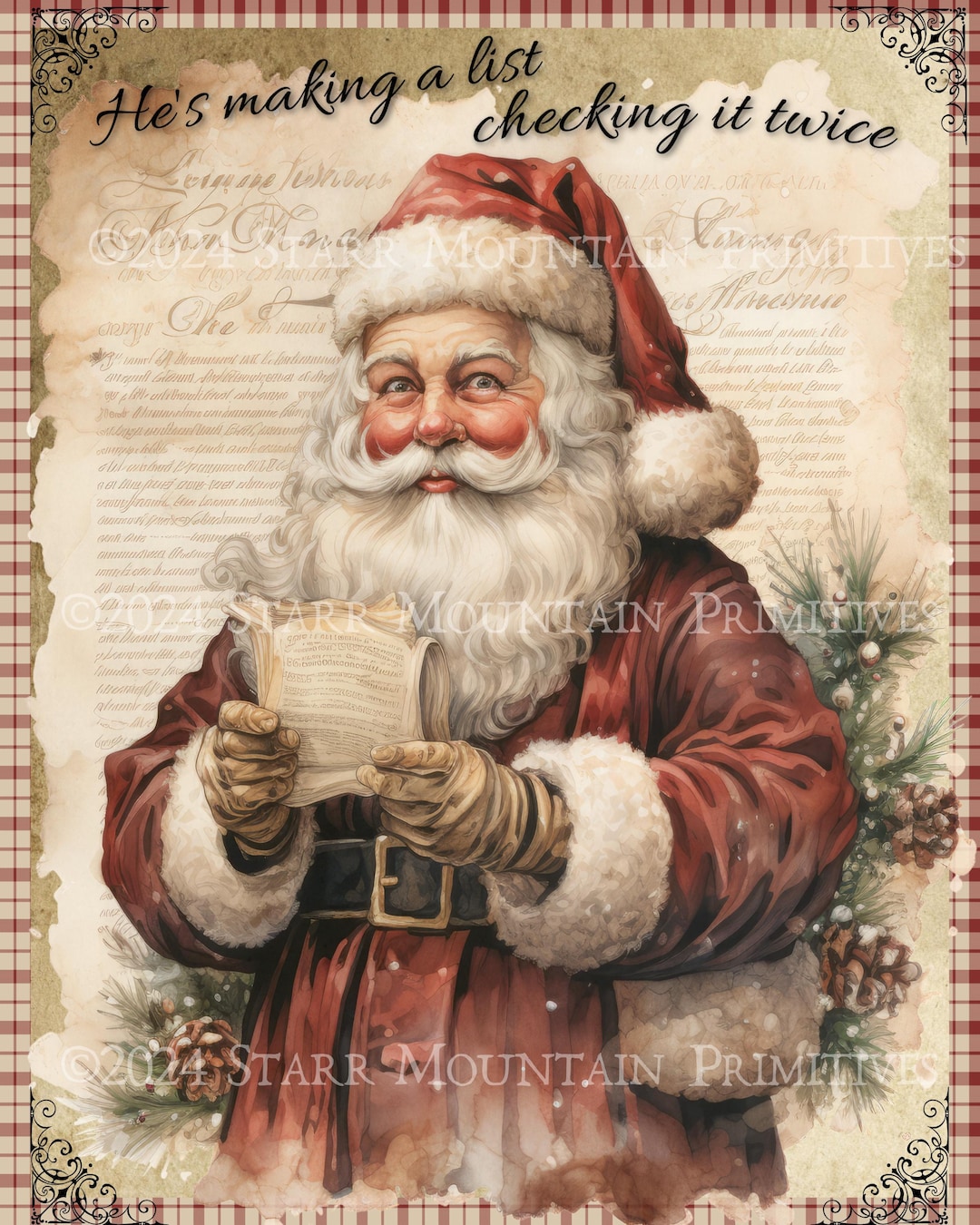 Primitive Vintage Christmas Santa Claus Making a List Printable Jpeg ...
