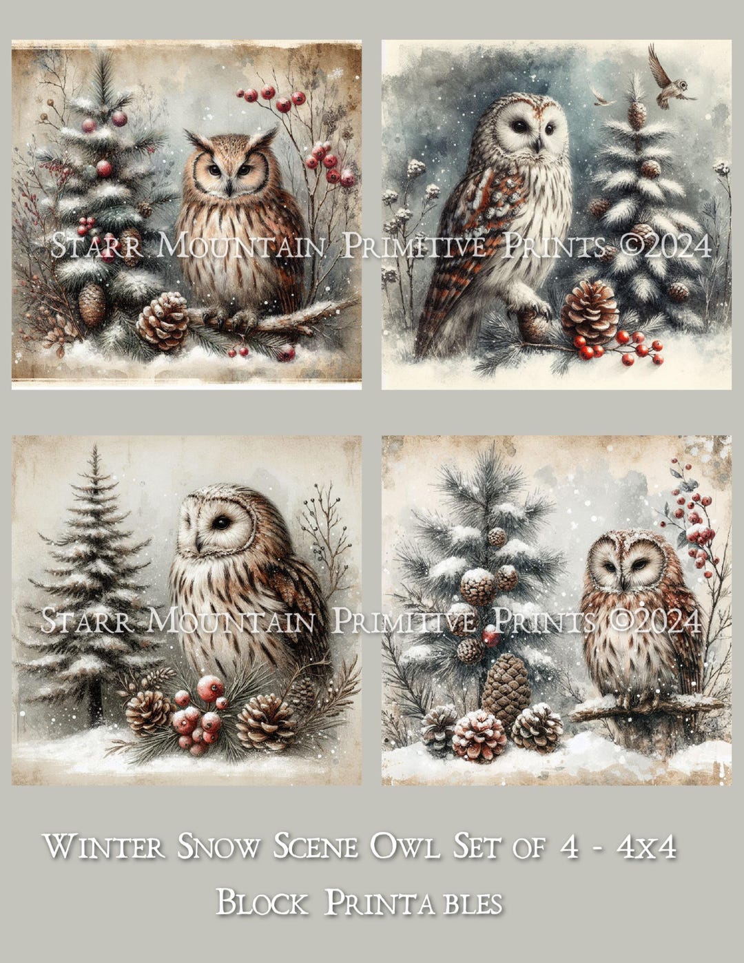 Primitive Farmhouse Winter Woodland Owl in Snow Christmas 4x4 Blocks ...