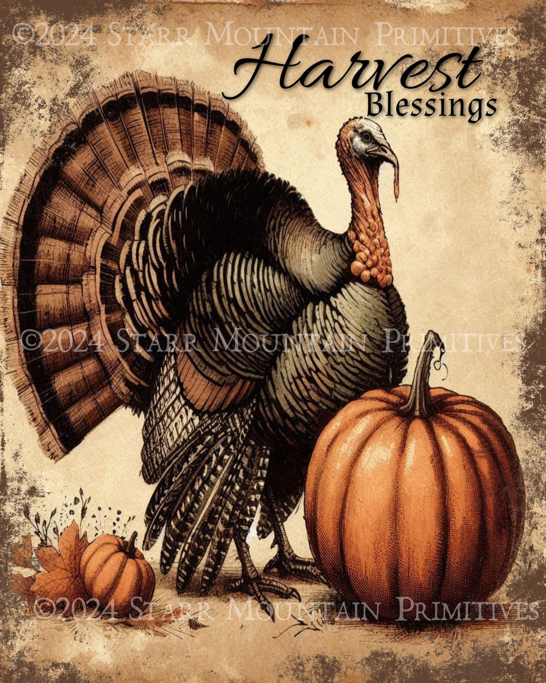 Primitive Fall Thanksgiving Pumpkins Turkey Harvest Blessings Print ...