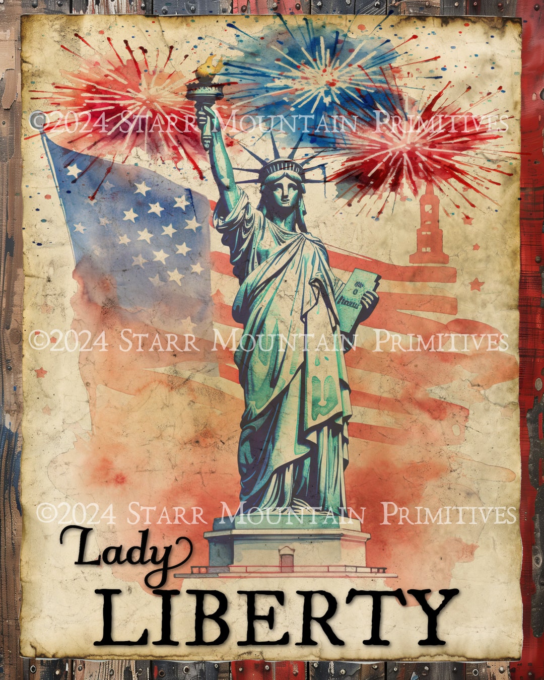 Primitive Colonial Patriotic Statue of Liberty Lady July 4th Printable ...