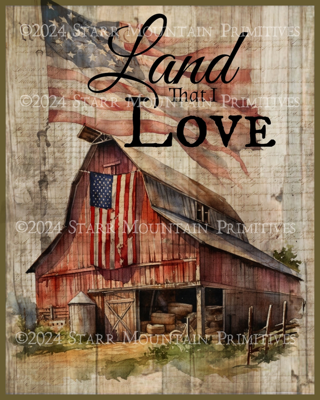 Primitive Patriotic Old Barn Flag Land That I Love Printable Jpeg 300 ...