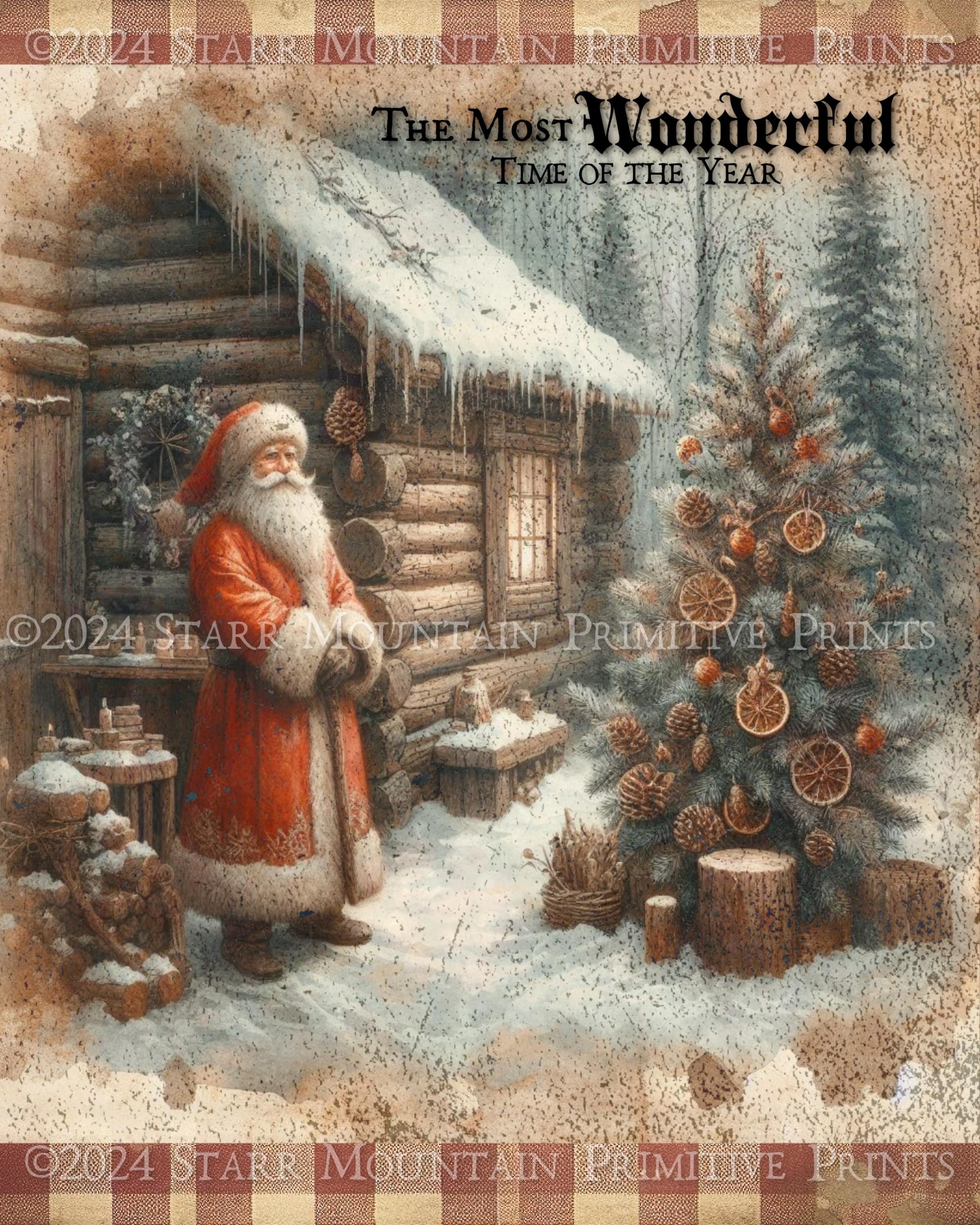 Primitive Old World Woodland Santa Claus Log Cabin Christmas Dried ...