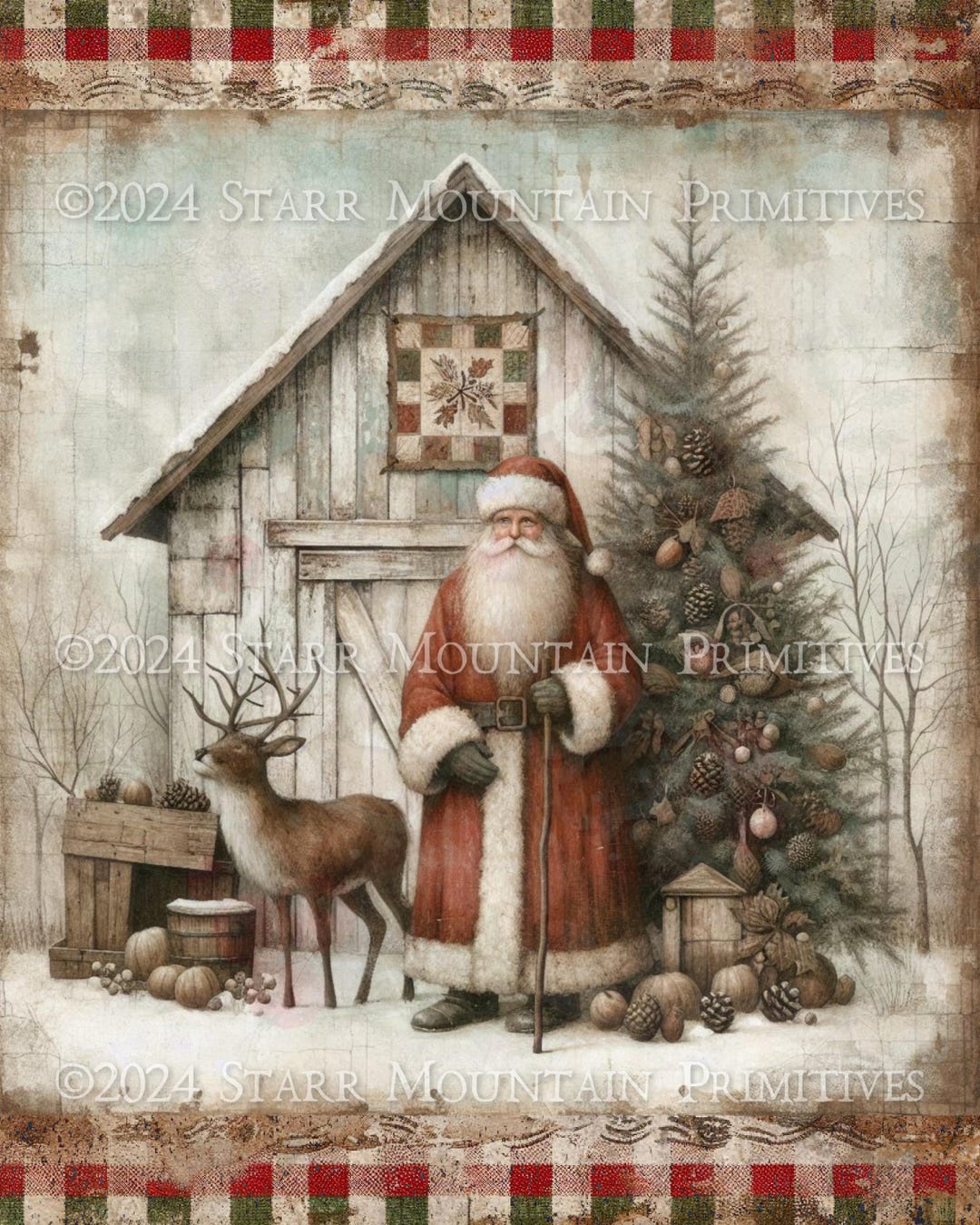 Primitive Farmhouse Christmas Old World Woodland Santa Claus Reindeer ...