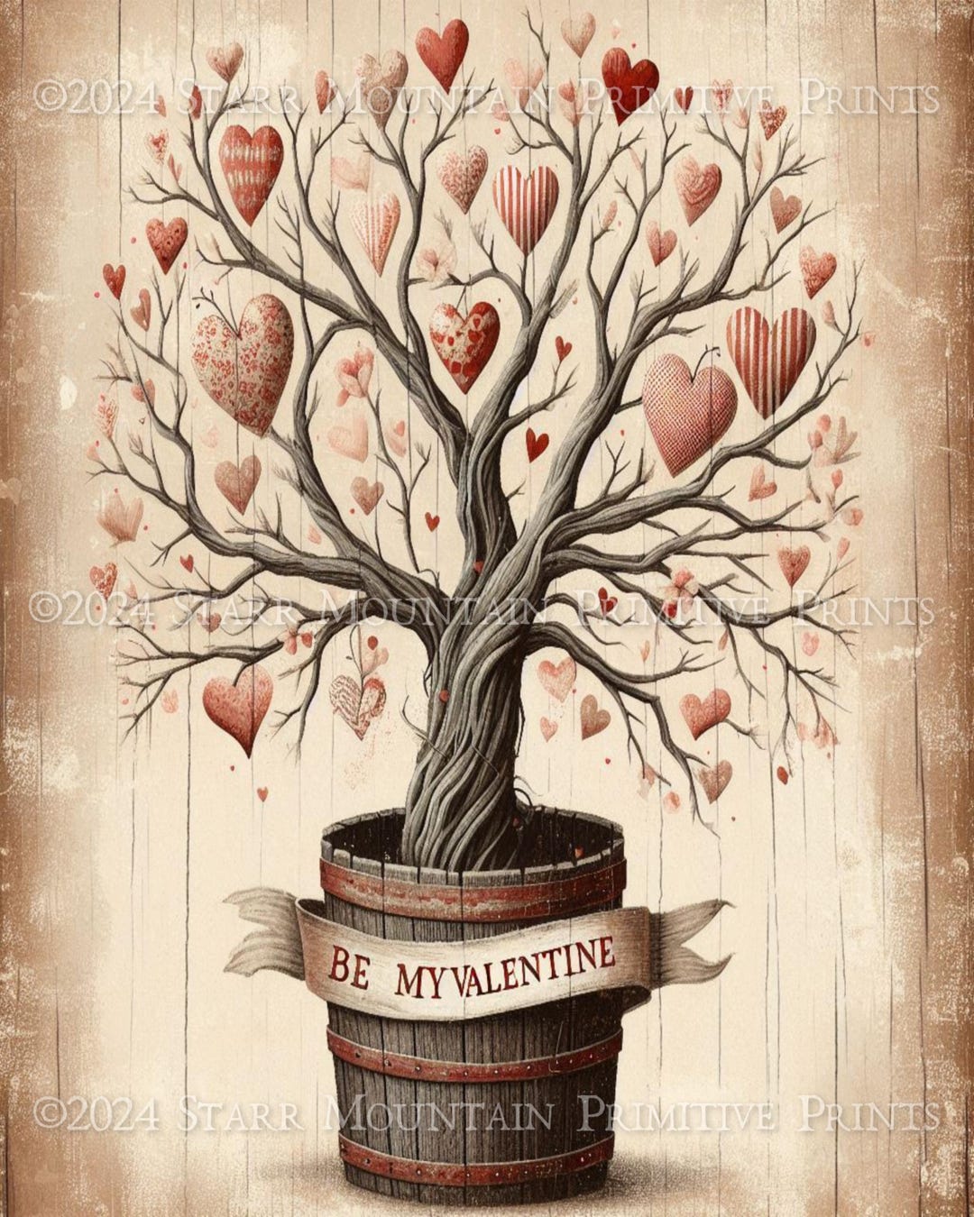 Primitive Folk Art Valentines Day Hearts Tree Wooden Bucket 8x10 ...