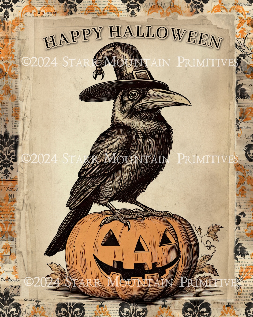 Primitive Farmhouse Happy Halloween Raven Crow Jack O Lantern Damask ...