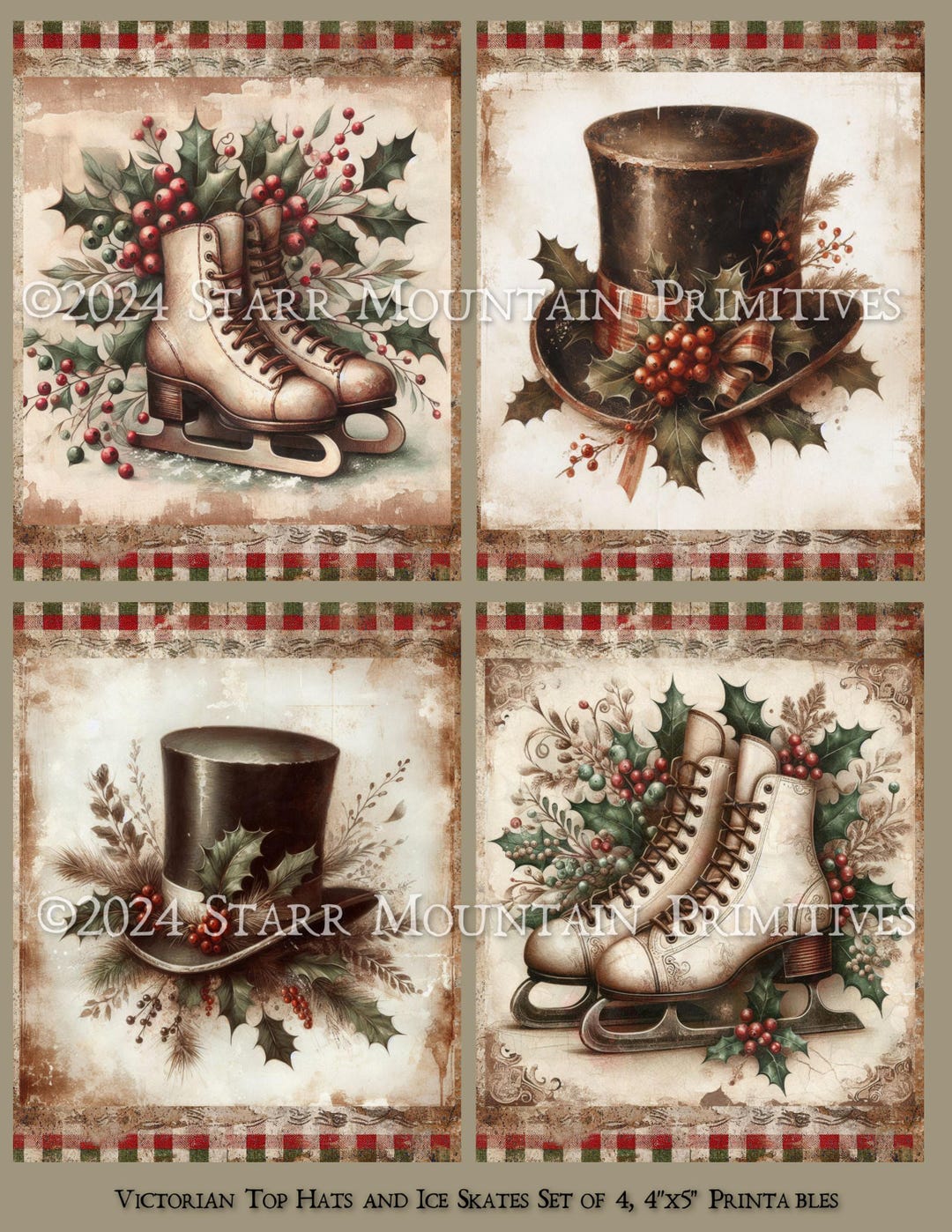 Primitive Vintage Victorian Christmas Ice Skates and Top Hats Set of 4 ...