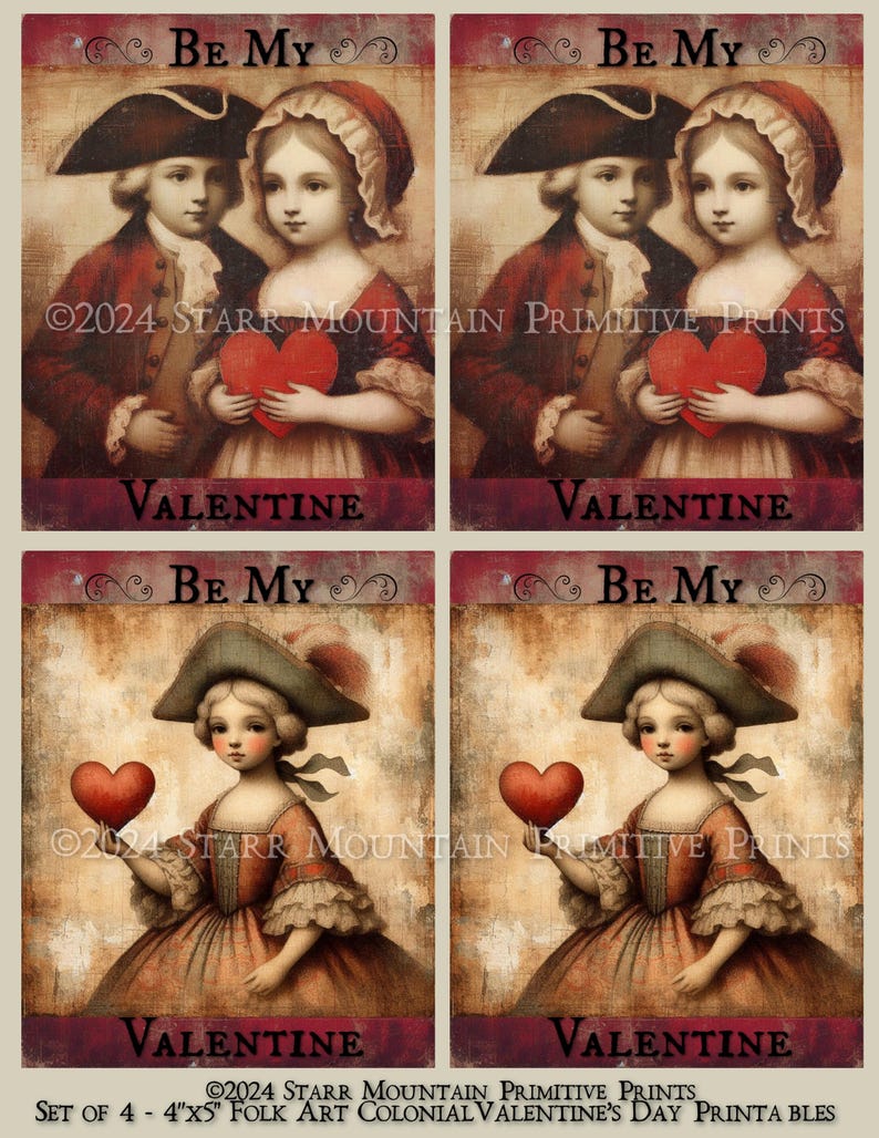 Primitive Folk Art Colonial Couple Valentine's Day Set 4, 4x5 Digital ...