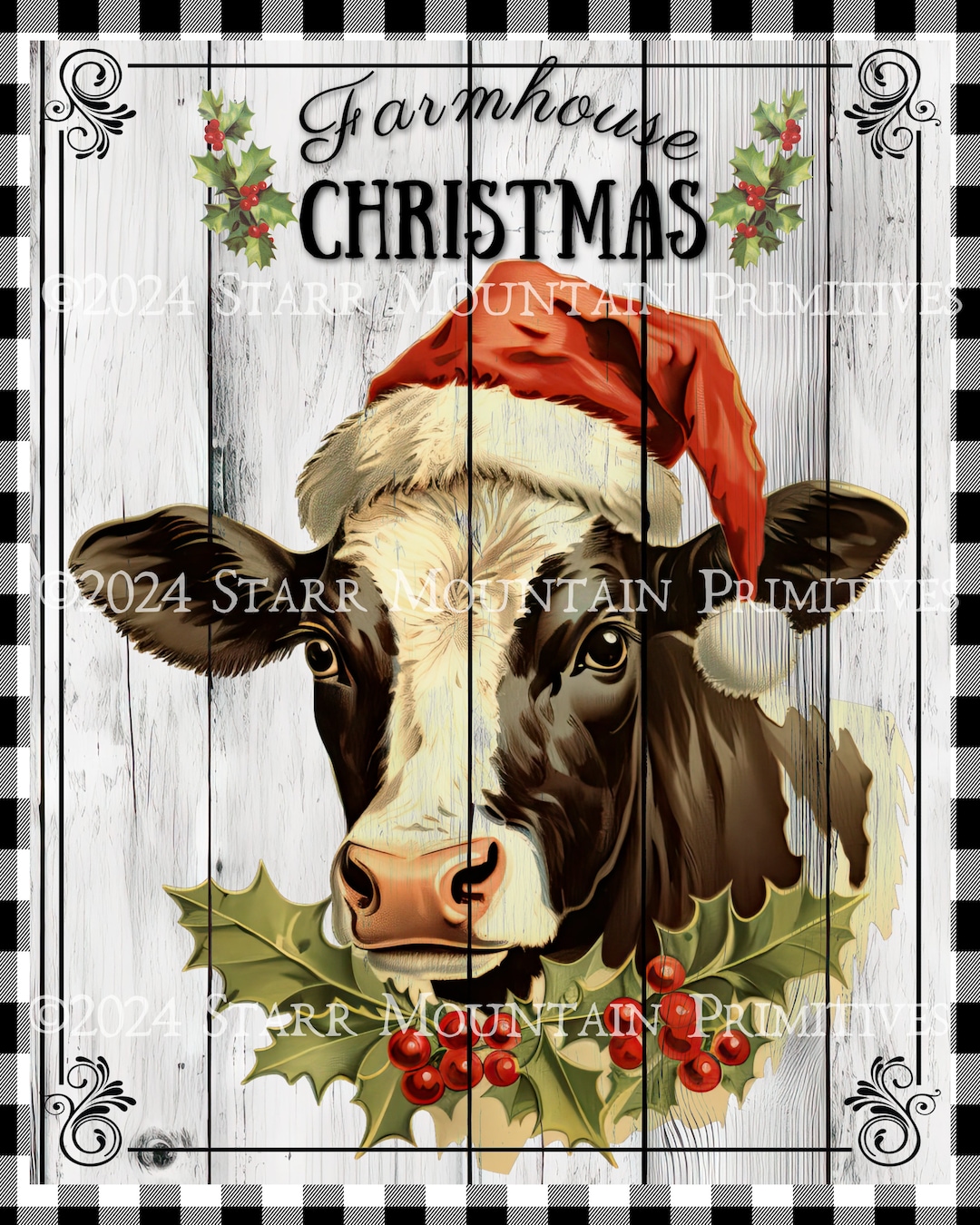 Primitive Farmhouse Christmas Cow Holly Berry Buffalo Check Farm ...