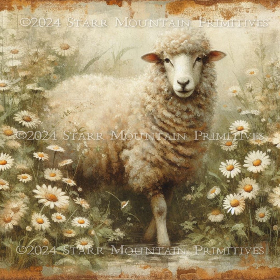 Primitive Farmhouse Sheep Field of Daisies Daisy Printable Painting ...