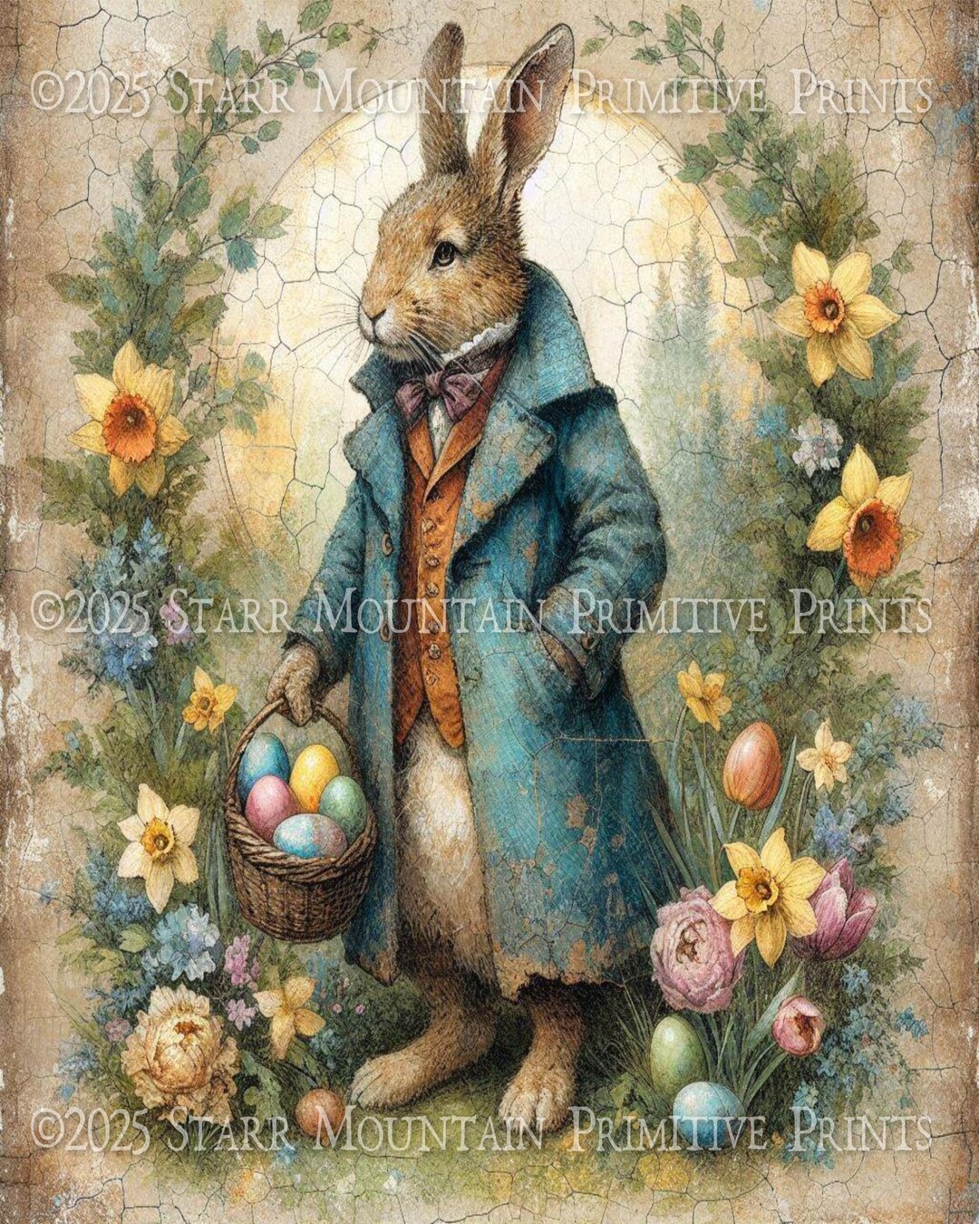 8x10 Primitive Farmhouse Peter Cottontail Bunny Rabbit Hare Flowers ...