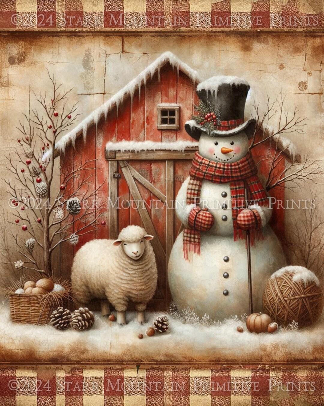 Primitive Farmhouse Grungy Woodland Snowman Sheep Barn Tree Printable ...