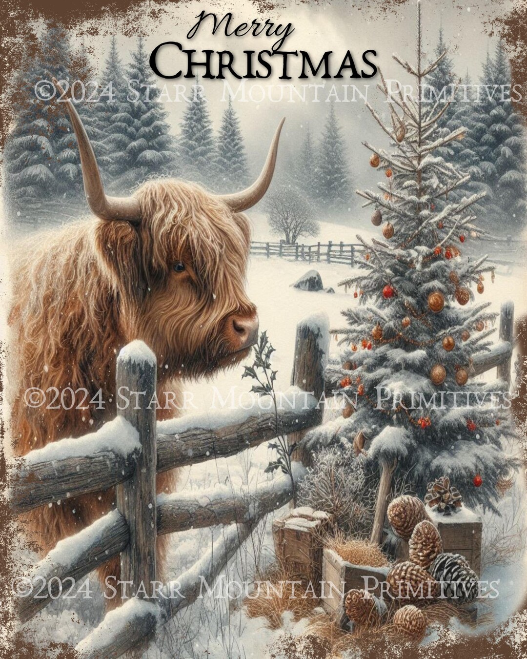 Primitive Farmhouse Christmas Highland Cow Tree Holly Berries Snow ...