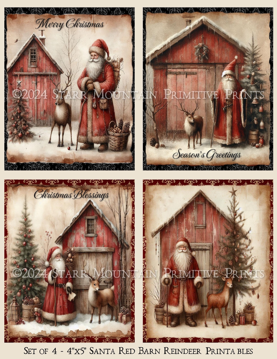 Primitive Farmhouse Christmas Santa Claus Barn Reindeer Set of 4 4x5 ...