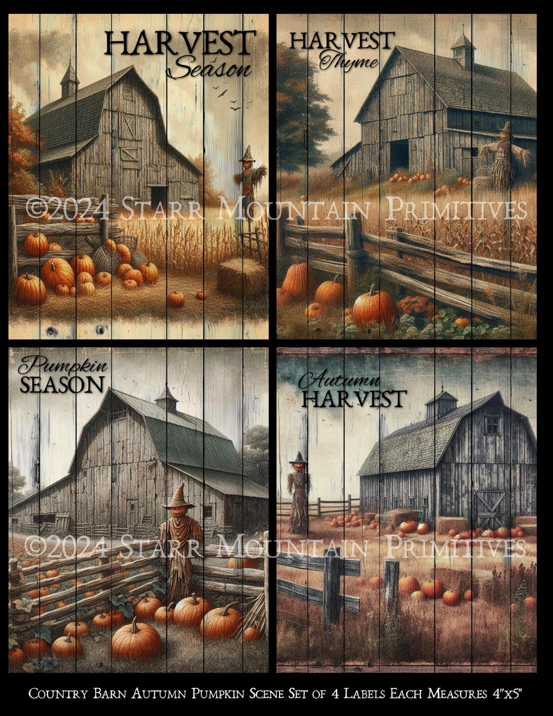 Primitive Farmhouse Autumn Fall Country Barn Scarecrow Pumpkins Harvest ...