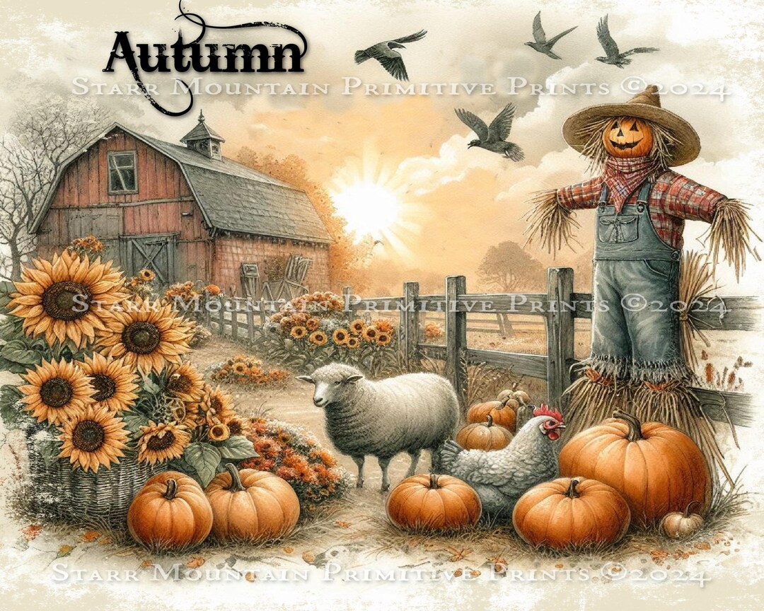 Primitive Farmhouse Autumn Sheep Scarecrow Pumpkins Sunflowers Rooster ...