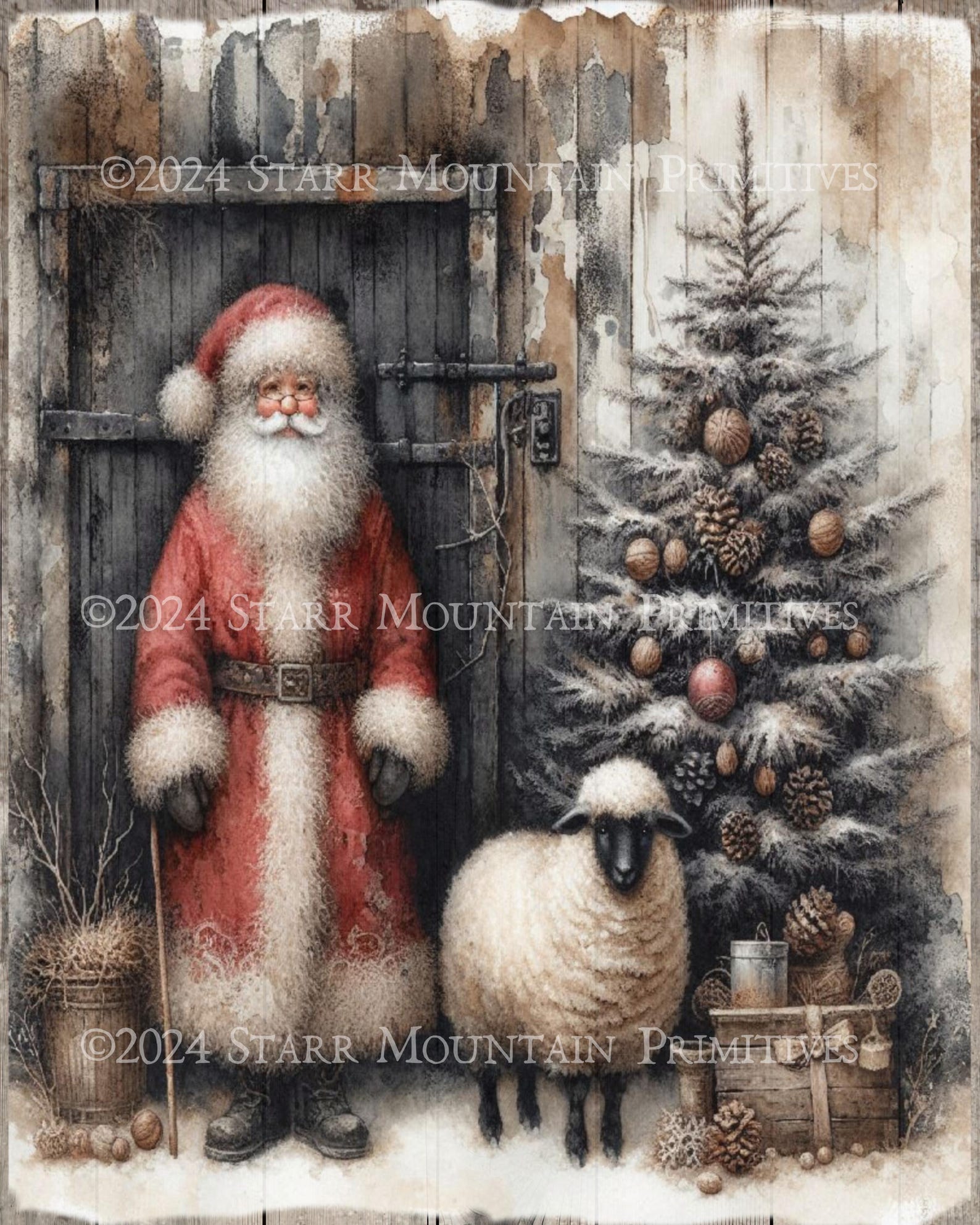 Primitive Farmhouse Grungy Old World Santa Claus Christmas Sheep Barn ...