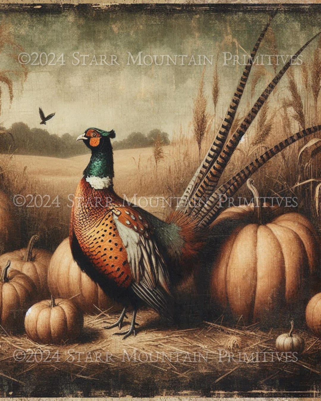 Primitive Colonial Pheasant Field of Pumpkins Printable Oil Painting ...