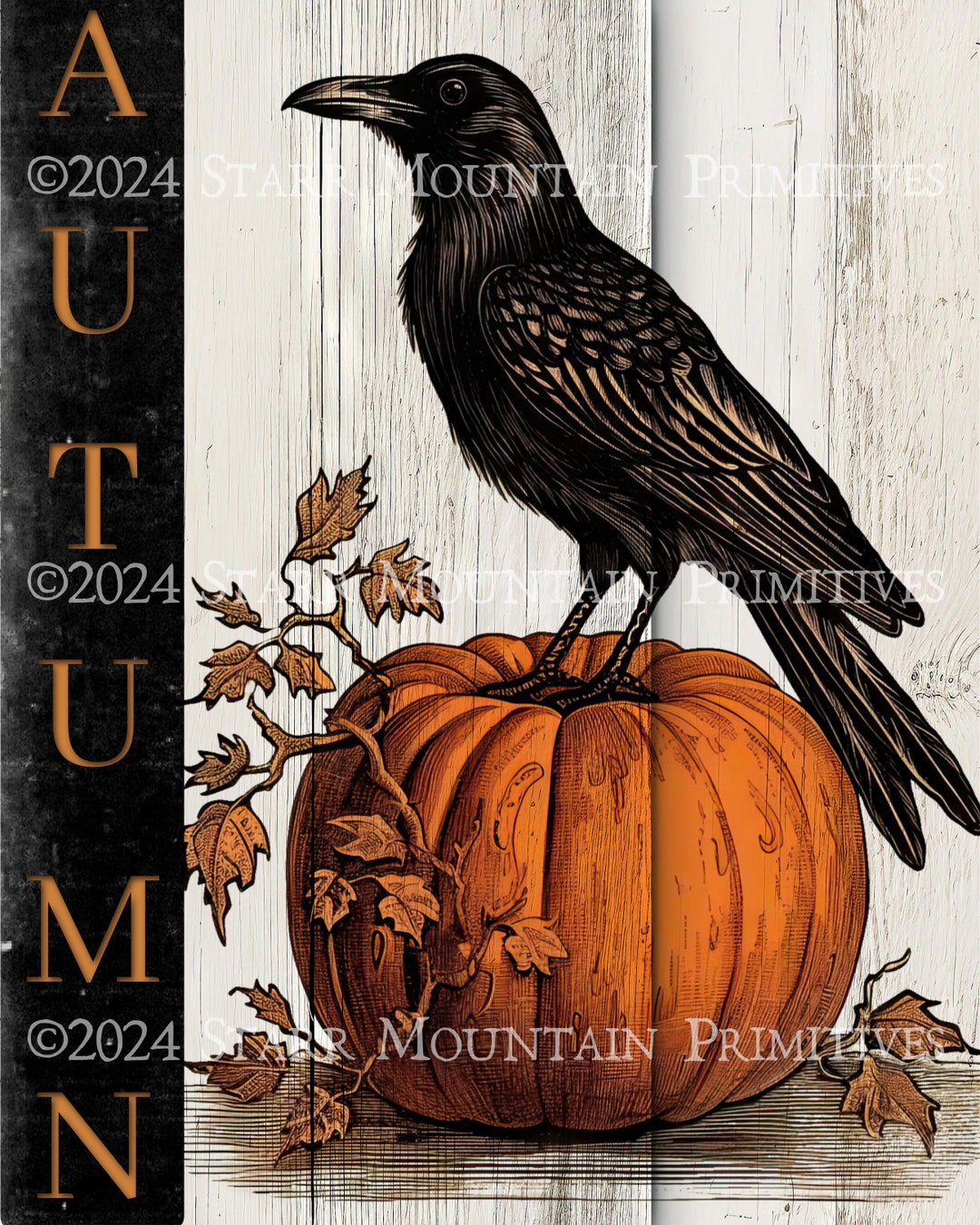 Primitive Farmhouse Shiplap Autumn Fall Vintage Raven Crow Pumpkin ...