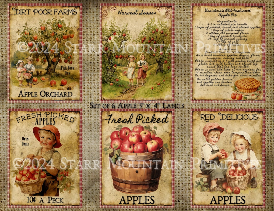 Primitive Vintage Advertisement Apples Apple Orchard Farm Pie Set of 6 ...