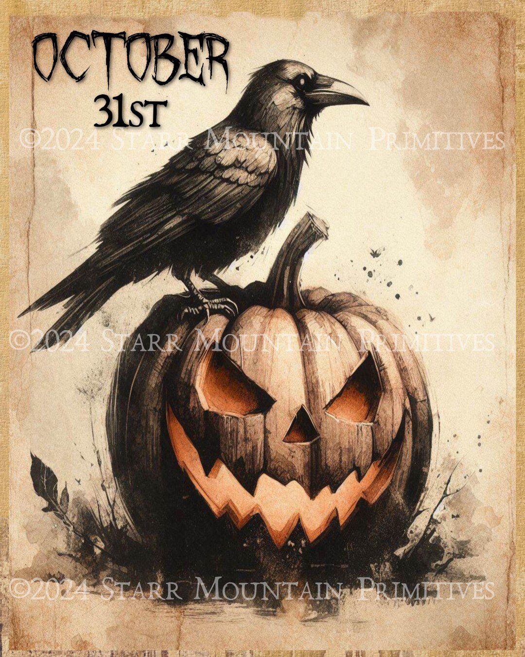 Primitive Grungy Halloween Raven Crow Jack O Lantern October 31st ...