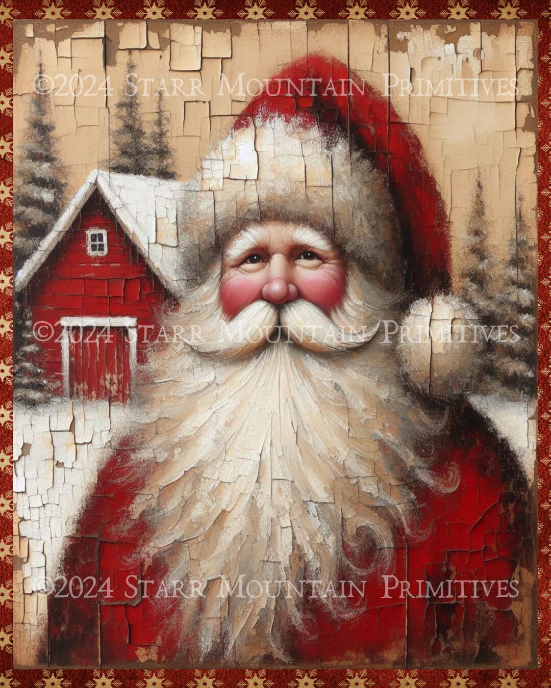 Primitive Farmhouse Folk Art Santa Claus Christmas Red Barn Chippy ...